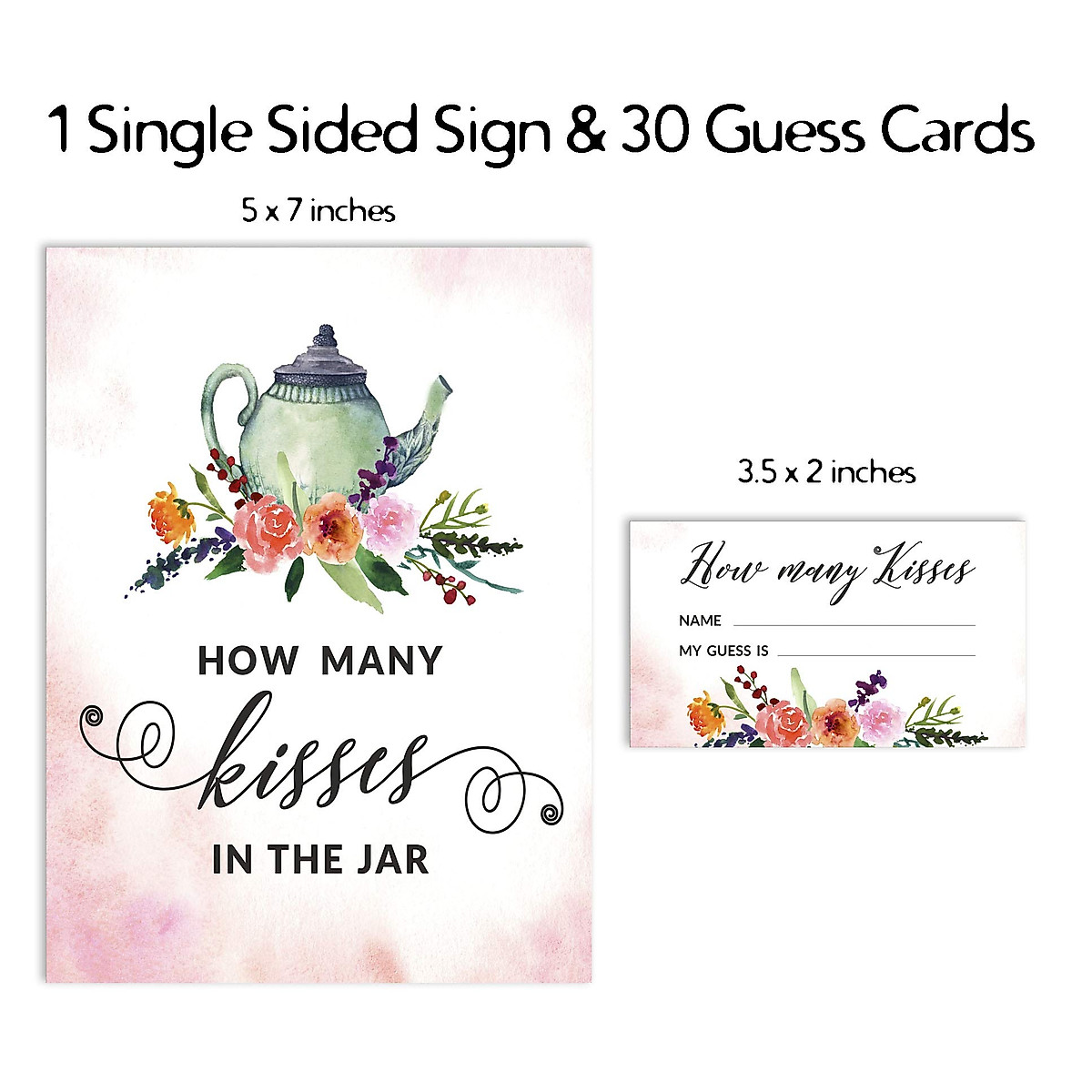 Inkdotpot How Many Kisses in The Jar White Tea Party Bridal Shower Game 1 Sign + 30 Cards