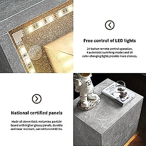 Cubehom Set of 2 Nightstand with LED Strip Lights, Modern Bed Side Table with 2 Drawers, End Table for Living Room, Bedroom, Hallway, Grey Marbling
