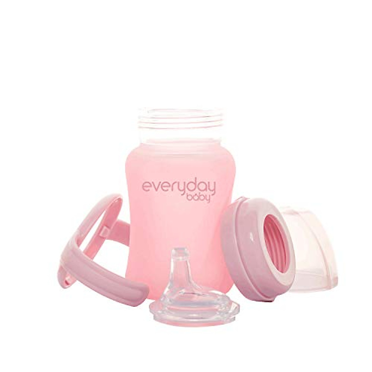 everyday baby Glass Sippy Cup with Silicone Sleeve, Spout, Drinking Handles, and Protective Cap - 150ml (5oz) - Rose Pink (for babies 6 months and up)