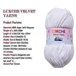 Lukche Super Soft Velvet Chenille Blanket Amigurumi Crochet Baby Blanket Knitting Yarn Super Bulky 3x100 gr (3x132 yds) Including Foldable Scissors (10001-White)