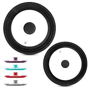 Modern Innovations Universal Lids (Set of 2) Fits 7 to 12-Inch Cookware, Silicone Replacement Pan Lid, Glass Top Covers for Skillets, Pots, Frying Pans, Cast Iron, CrockPot - Black