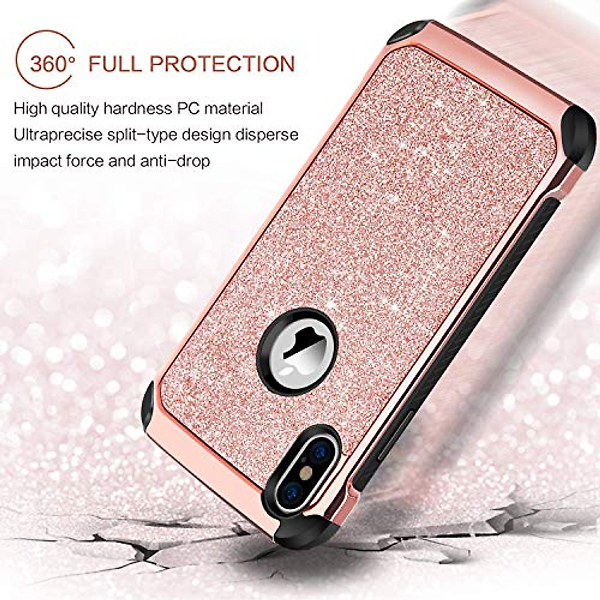 BENTOBEN iPhone X/10 Case, iPhone Xs (2018) Shockproof Glitter Sparkle Bling Girl Women 2 in 1 Shiny Faux Leather Hard PC Soft Bumper Protective Phone Cover for Apple iPhone X/XS 5.8", Rose Gold/Pink