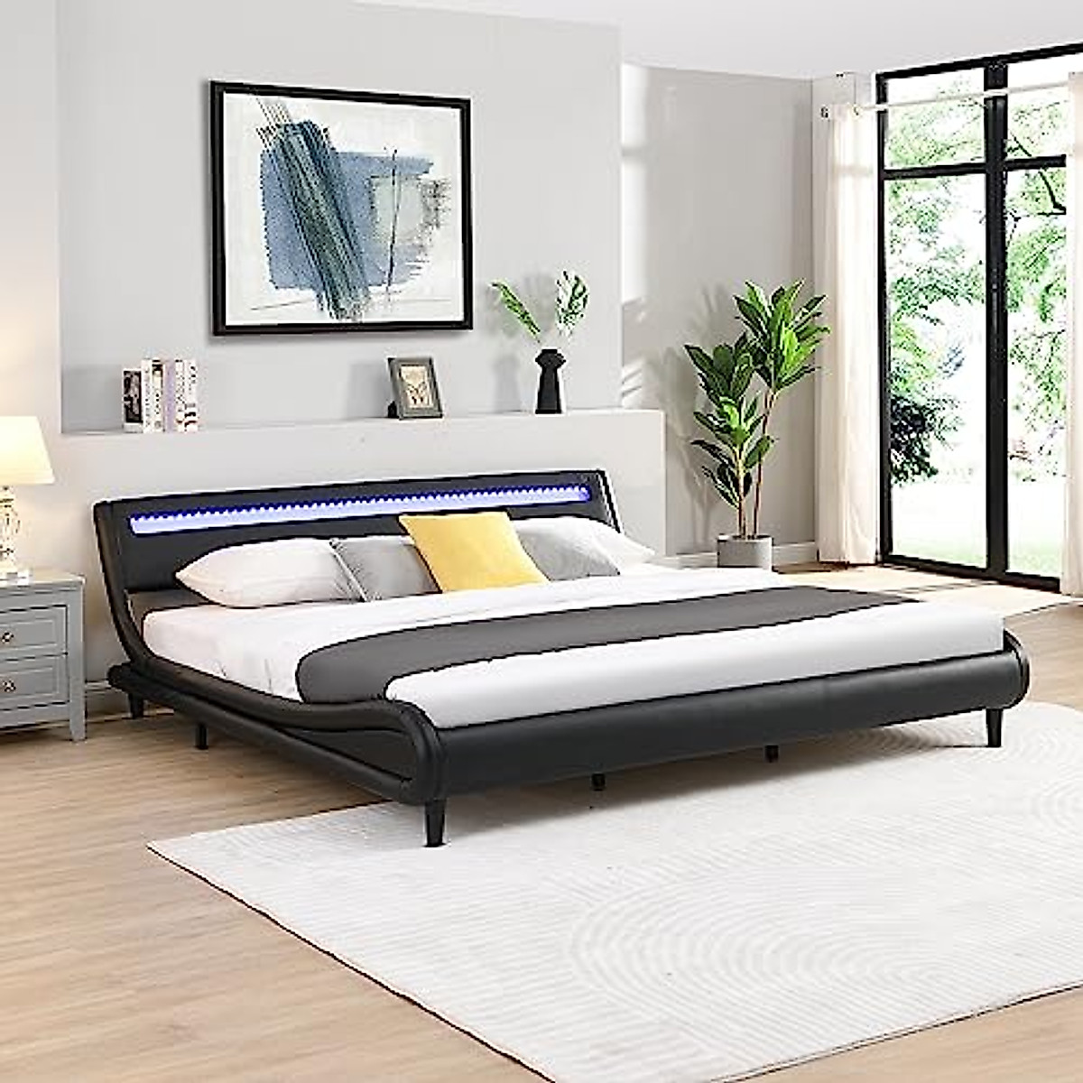 HAUSHECK King Size Upholstered Platform Bed, LED Bed Frame with Lights Headboard, Modern Faux Leather Bedframe No Spring Box Needed for Kids, Teen & Adults, King Beds with Strong Wood Slats Support