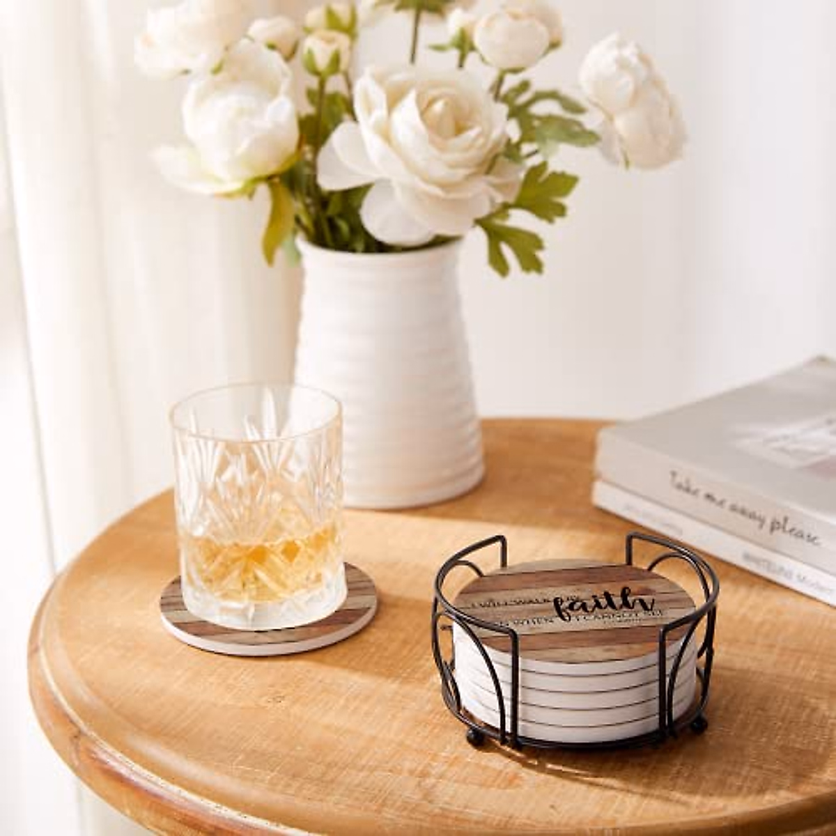 Hoomey Coasters for Drinks with Bible Verses, Set of 6 Absorbent Drinks Coasters with Holder Ceramic Drink Coaster with Cork Backing for Table Protection, Christian Coasters, Christian Gifts