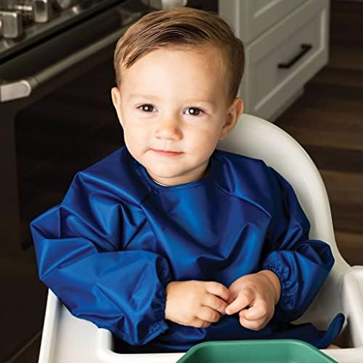 Tiny Twinkle Mess Proof Baby Bib, 2 Pack Long Sleeve Bib Outfit, Waterproof Bibs for Toddlers, Machine Washable, Tug Proof (Grey Indigo, Small 6-24 Months)