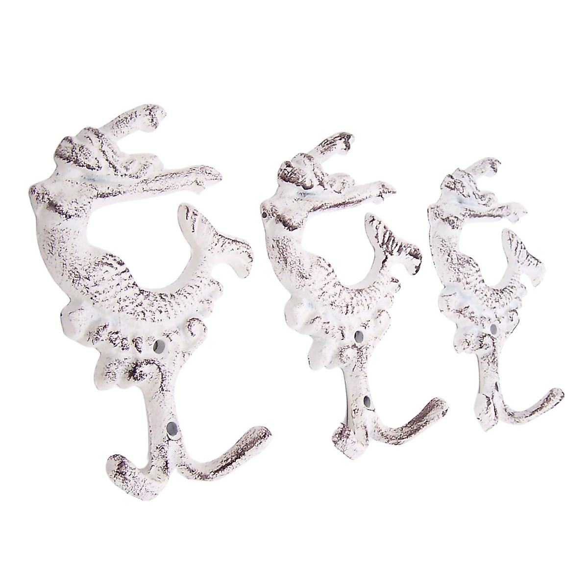 Wowser White Distressed Mermaid Cast Iron Double Wall Hooks, Nautically Themed Wall Décor, Set of 3, 5.5 Inches