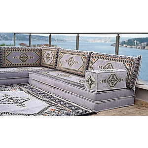 Gray L Shaped Arabic Sofa Set, Floor Couch, Sectional Sofas, Arabic Majlis, Turkish Rug, Couch Covers for 3, Sofa Bed, Poufs (L Sofa + Rug)