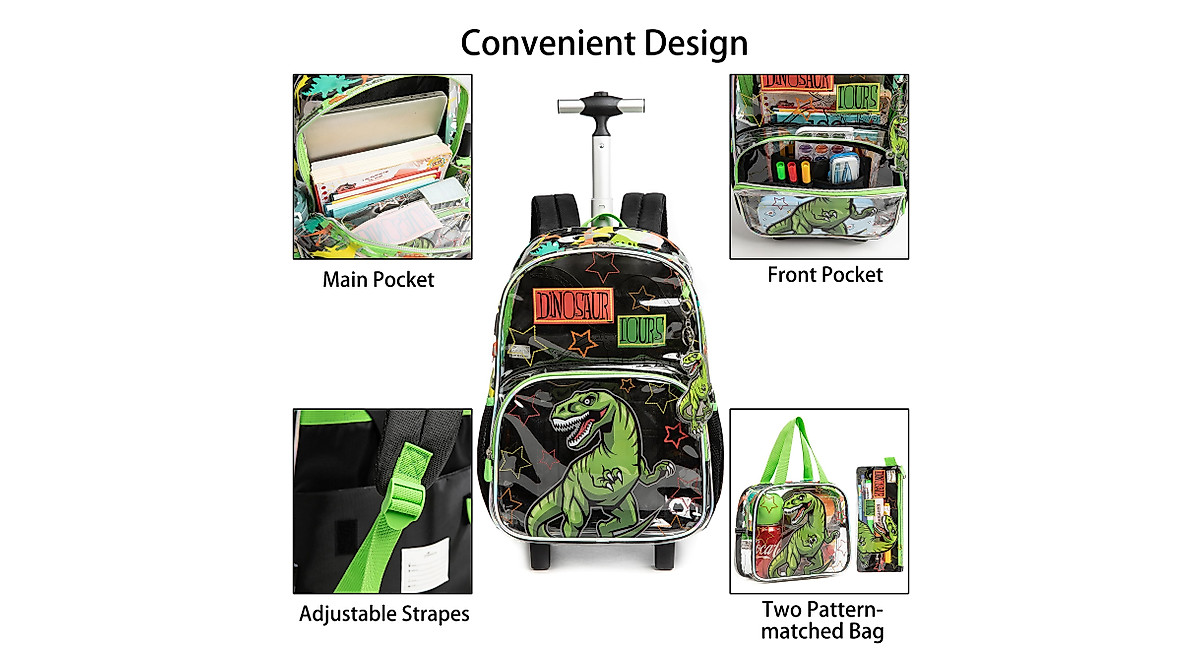 MOHCO Clear Rolling Backpack for School - Kids Dinosaur Bag