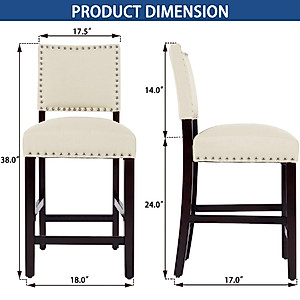 DAGONHIL 24 inch Bar Stools Set of 4, Counter Height Stools, Fabric Upholstered Barstools with Back and Wood Leg, Armless Dining Chairs with Silver Copper Nail for Kitchen Island Living Room (Beige)