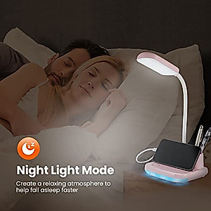 CELYST LED Rechargeable Desk Lamp, 5-in-1 Small Desk Lamp with USB Charging Port, Pen Holder, Night Light, Portable Desk Light for Home Office Student Children Kids College Dorm (Pink)