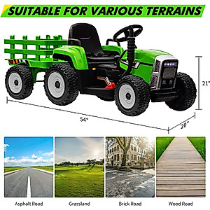 Nasitip 12V Battery Powered Electric Tractor with Trailer, Toddler Ride On Car w/Remote Control/7-LED Headlights/2+1 Gear Shift/MP3 Player/USB Port for Kids 3-6 Years (Green, 25W/Tread Tire)