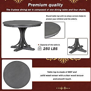 Harper & Bright Designs 5 Pieces Dining Table Set Round Wood Dining Table with Curved Trestle Legs and 4 Upholstered Chairs for Dining Room and Living Room, Kitchen Furniture Retro Style (Dark Gray)