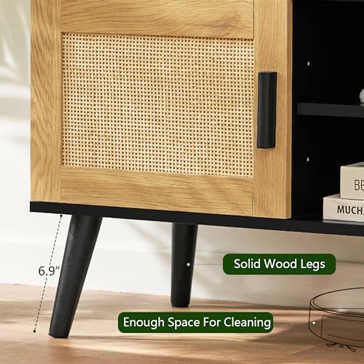 Quimoo Rattan TV Stand for 70 Inch TV, Entertainment Center, TV Console with Adjustable Shelf & 2 Cabinets, TV Stands for Living Room, Bedroom, Black+Natural