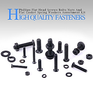 Glarks 665Pcs Alloy Steel Flat Head Machine Screws Bolts Nuts and Flat Gasket Spring Washers Assortment Set, Fully Threaded, Black Oxide Finish