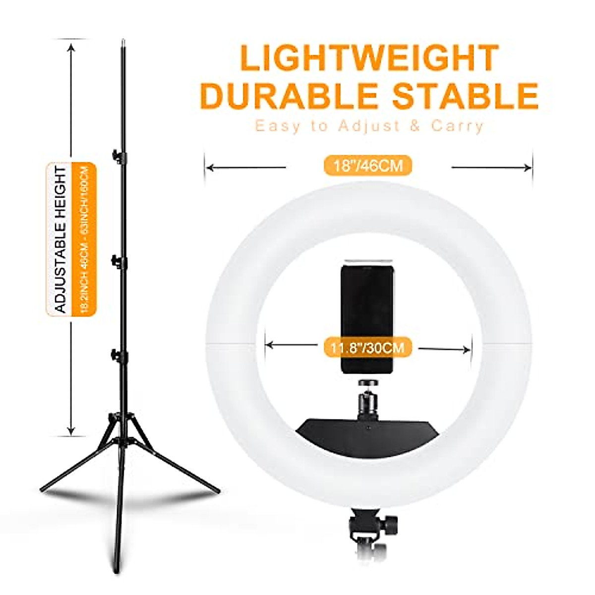 JJ JIANJIN Ring Light Kit:18Inch Outer 11.8Inch Inner 55W6700k Dimmable LED Light , Tripod Stand, Remote Controller,Box for Camera,Smartphone,YouTube,TikTok,Self-Portrait Shooting,CRI90,Black