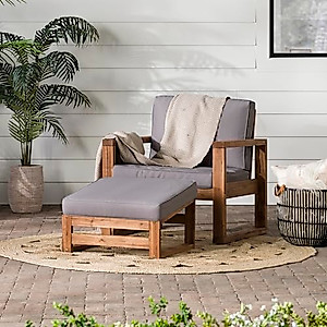 Walker Edison Sorrento Modern Acacia Wood Outdoor Side Chair and Ottoman Set with Cushions, 32 Inch, Brown