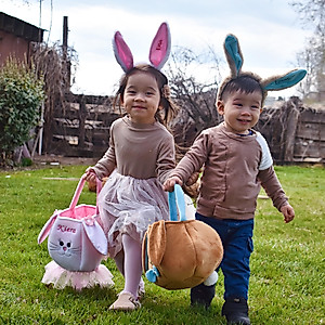 Personalization Universe Teal and Grey Personalized Easter Bunny Basket Bag, Embroidered Baby Name, Perfect for Easter Egg Hunts, Custom Easter Egg Hunt Accessory, Ideal For Easter Basket Stuffers