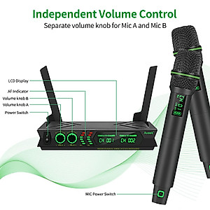 Aveek Wireless Microphone System, Dual UHF Cordless Microphones Set, 200ft Range Handheld Karaoke Microphones with Receiver for Singing, Speech, Party, Church, DJ, Wedding,
