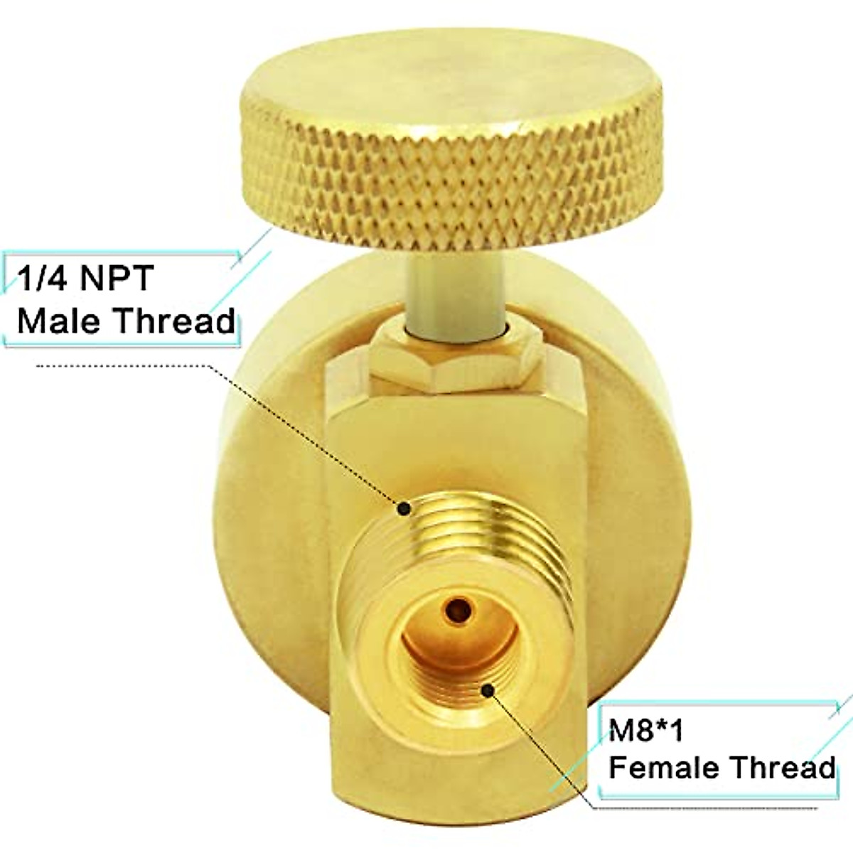 MCAMPAS Disposable Adjustable Pressure Propane Gas Regulator Valve,1LB Tank Connection Needle Valve x 1/4" NPT Male (Tapped M8 Female) Adapter Fitting