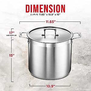 Stockpot – 16 Quart – Brushed Stainless Steel – Heavy Duty Induction Pot with Lid and Riveted Handles – For Soup, Seafood, Stock, Canning and for Catering for Large Groups and Events by BAKKEN
