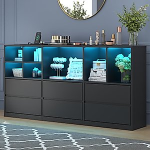 6 Drawers Dresser with 7 Storage Cubbies, LED Chest of Drawers with Power Outlet, 63" Triple Wide Long Dresser Organizer for Bedroom, Modern TV Stand with Open Shelf for Living Room, Entryway (Black)