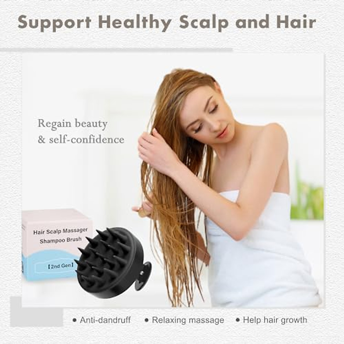 FREATECH Scalp Massager Hair Growth, Scalp Scrubber with Soft Silicone Bristles for Dandruff and Hair Care, Shampoo Brush Hair Massager Scalp Exfoliator for Wet & Dry, Long Curly Thick Hair, Black