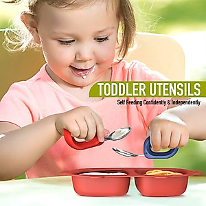 Yimido Toddler Utensils Baby Utensils Toddler Forks and Spoons Baby Forks and Spoons Set Kids Stainless Steel Silverware Set Children Safe Forks and Spoons self feedig-Dishwasher Safe(Red+Blue)