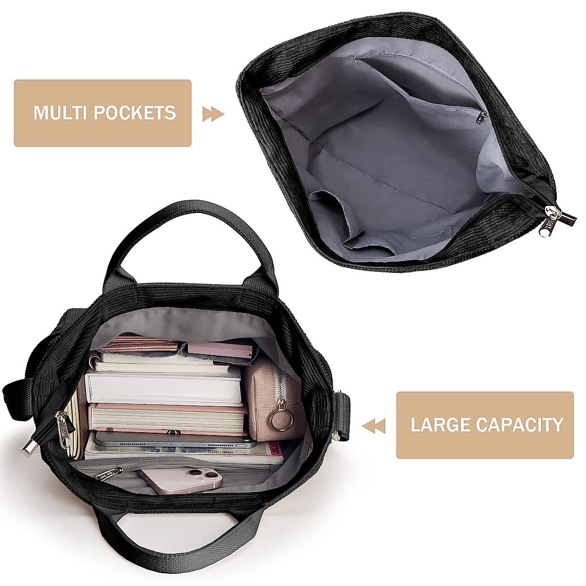 KALIDI Corduroy Tote Bag, Large Messenger Bag Shoulder Hobo Anti Splash Crossbody Zipper Bag Casual Work Shopping Women