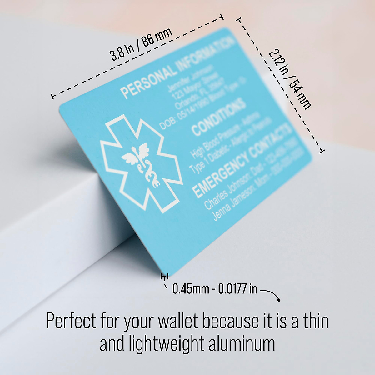 Custom Medical ID Card for Wallet, Aluminum Free Engraving Emergency Contact Card, Personalized Metal Awareness Alert ICE Card for Medic Conditions, Allergies & Identification