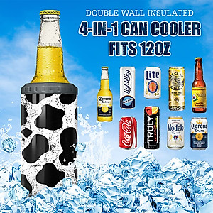 SANDJEST Personalized Cow Can Cooler Cowhide Doodle 4 in 1 Can Holder Skinny Stainless Steel Tumbler Gift for Women Girl Daughter Sister Animal Lovers Farm Girl Christmas Birthday