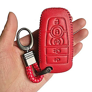 Hand Sewing Red Leather Key Cover Fob Case Protector Jacket Remote Bag For 2017 Ford Fusion F250 F350 F450 F550 Edge 2018 2019 2020 Explorer Expedition 2021 Lincoln Nautilus 5 Buttons Smart Key