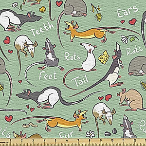 Lunarable Animals Fabric by The Yard, Cartoon Funny Creatures Hearts Lettering Ornament Colorful Characters, Decorative Fabric for Upholstery and Home Accents, 1 Yard, Almond Green Multicolor