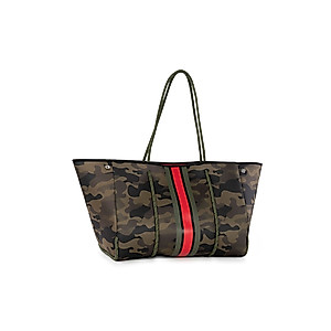 Haute Shore - Greyson Soho Neoprene Tote Bag w/Zipper Wristlet Inside, Green Camo W/Olive, Black, & Red Stripe