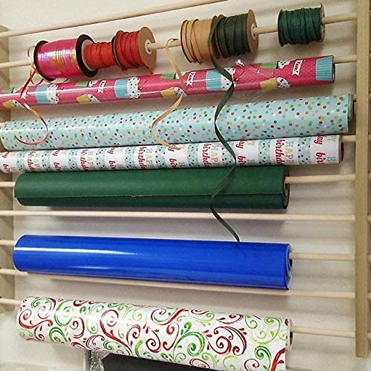 Storage Station, Organizer, Dispensing Rack for Gift Wrapping Paper, Ribbons, Cellophane, Vinyl Rolls, Paper & Other Arts & Crafts Items. Holds 10 Rows. Adjustable Width. Easy Wall Mount. Hardware Included.