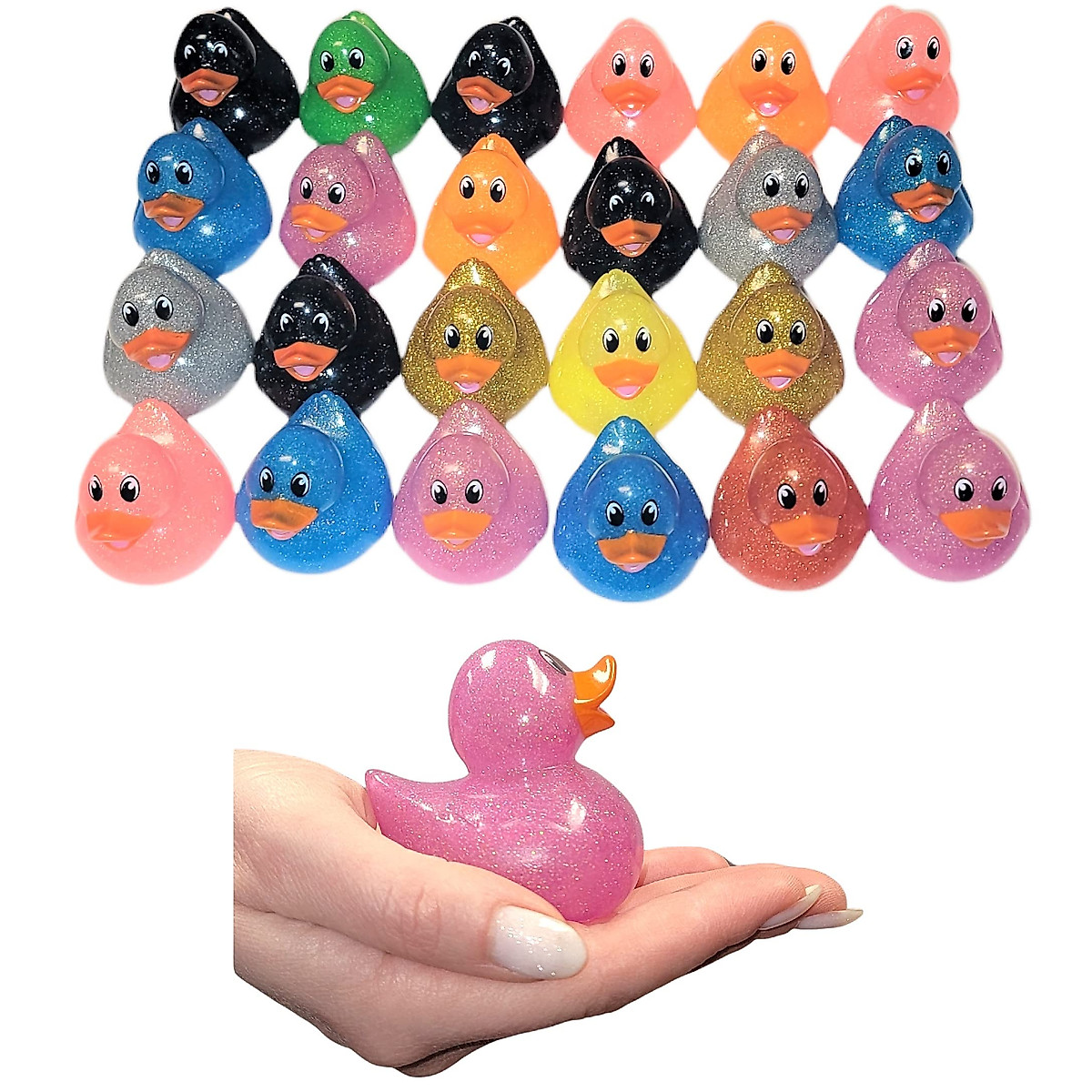 Colorful Glitter Rubber Duckies (2.5") Assorted Neon Color Ducks Ducky Duck (12)