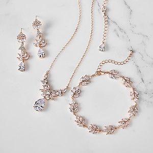 SWEETV Teardrop Wedding Bridal Jewelry Set for Brides Women Bridesmaid, Crystal Rhinestone Backdrop Necklace Earring Sets for Prom (Rose Gold Necklace Earrinags Bracelet)