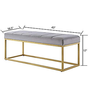 24KF Gray Velvet Upholstered Tufted Channel Bench, Velvet Cushion with Golden Metal Frame -Gray/Golden
