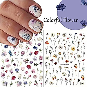 Baoximong 9 Sheets Flower Nail Art Stickers Decals 3D Self-Adhesive Nail Decals Spring Floral Nail Art Supplies Charming Daisy Leave Peony Nail Accessories for Women Nail Decorations Design