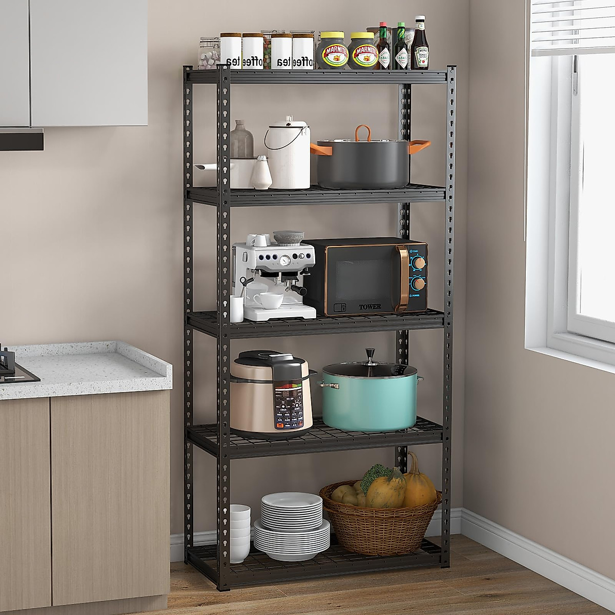 Tangkula 5-Tier Garage Storage Shelves, Heavy Duty Metal Storage Shelving Unit, Adjustable Utility Storage Rack Organizer for Warehouse Kitchen Pantry Basement, 35.5" L x 15.5" W x 72" H (3, Black)