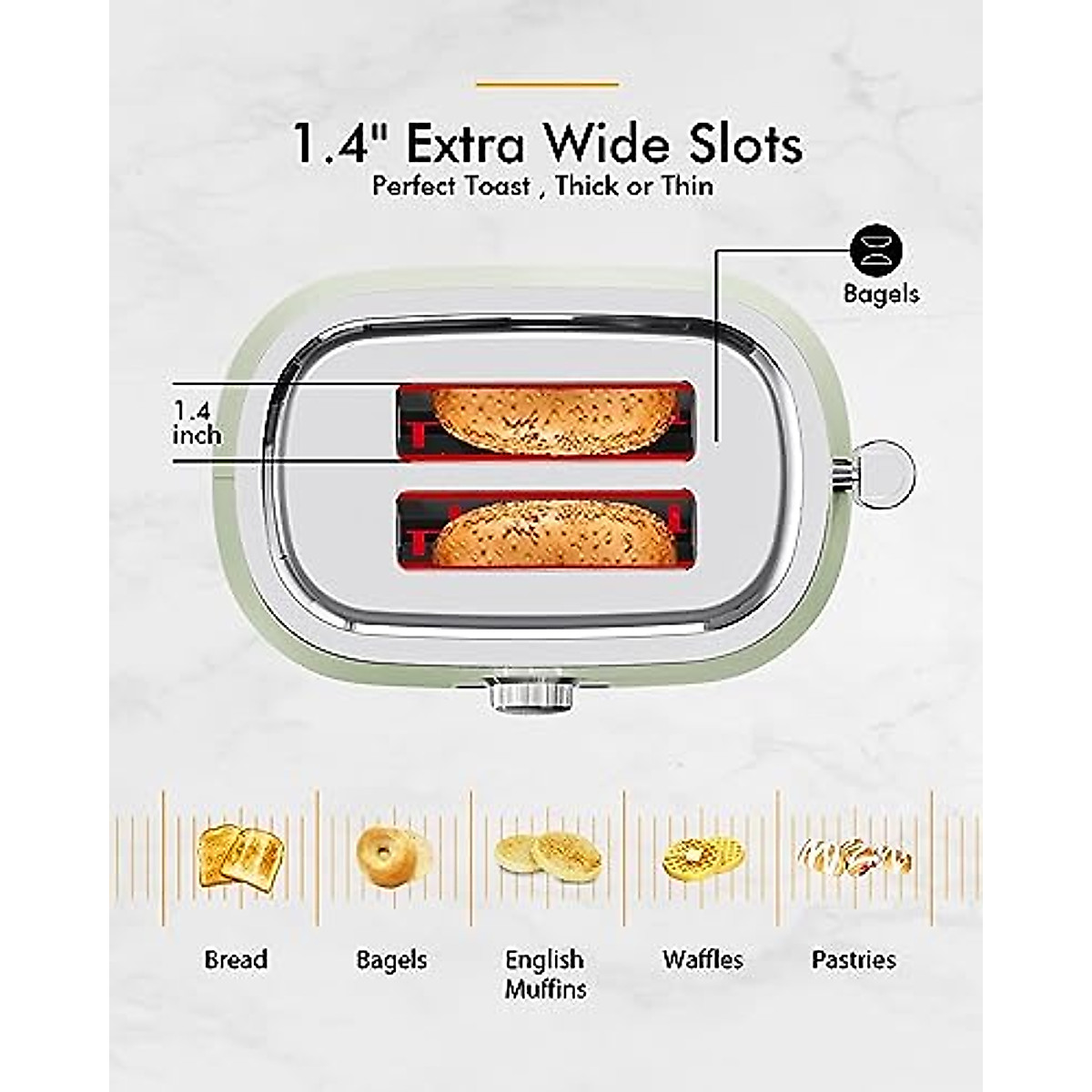 Toaster 2 Slice Stainless Steel Toaster Retro with 6 Bread Shade Settings, Bagel, Cancel, Defrost Function, Longdeem 2 Slice Toaster with Extra Wide Slot, Removable Crumb Tray, Pastel Green