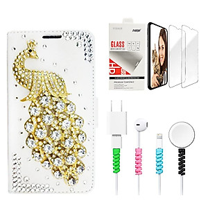 STENES Bling Wallet Luxury Phone Case Compatible with Samsung Galaxy S23 Plus - Stylish - 3D Handmade Peacock Design Leather Cover with Screen Protector & Cable Protector - White