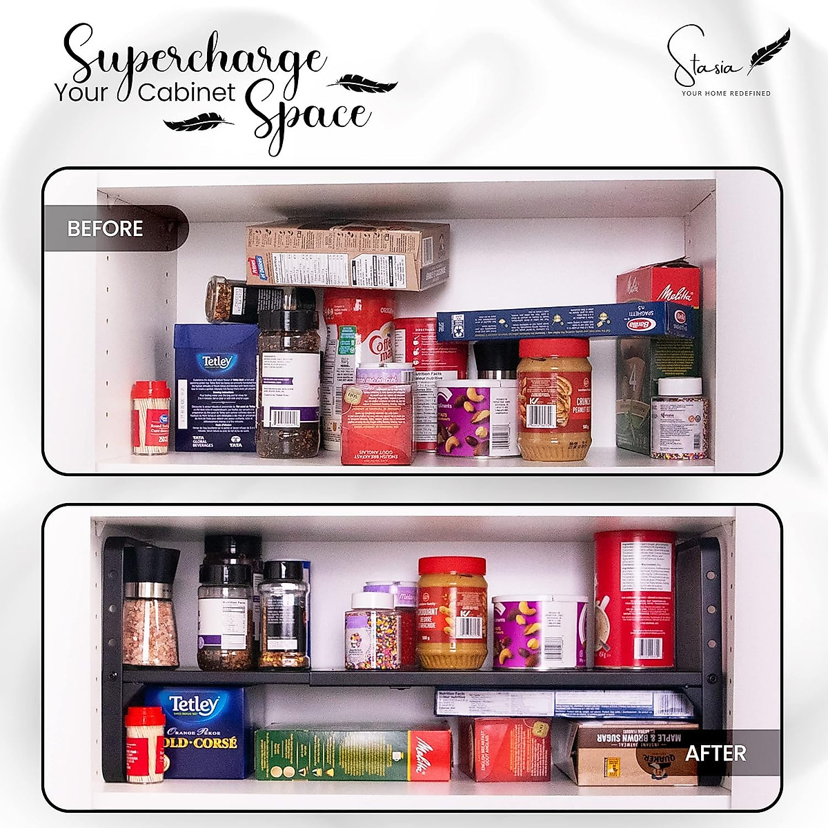 Expandable Kitchen Cabinet Shelf Organizers - Adjustable Height & Width Shelf Riser - Stackable Shelves - Pantry Shelf Organizer Rack - Cupboard Cabinet Storage Shelf Rack - Countertop Organizer