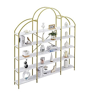 Merax Bookshelf 5 Tiers Bookcase, Gold Display Shelf Organizer with X Bar Frame, Crown-Shaped Design, White
