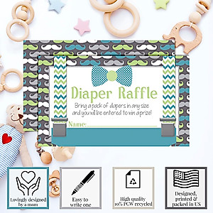 Amanda Creation Little Man Bow Tie, Mustache, & Suspenders Themed Diaper Raffle Tickets for Boy Baby Showers, 20 2" X 3” Double Sided Inserts, Bring a Pack of Diapers to Win Favors &