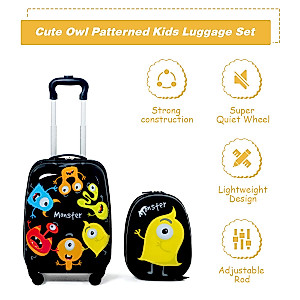 Goplus 2PC Kids Luggage, 12" & 16" Kids Carry On Luggage Set with 4 Spinner Wheels, Lightweight Rolling Spinner Suitcase for Children Toddlers Boys and Girls Travel (Monsters)