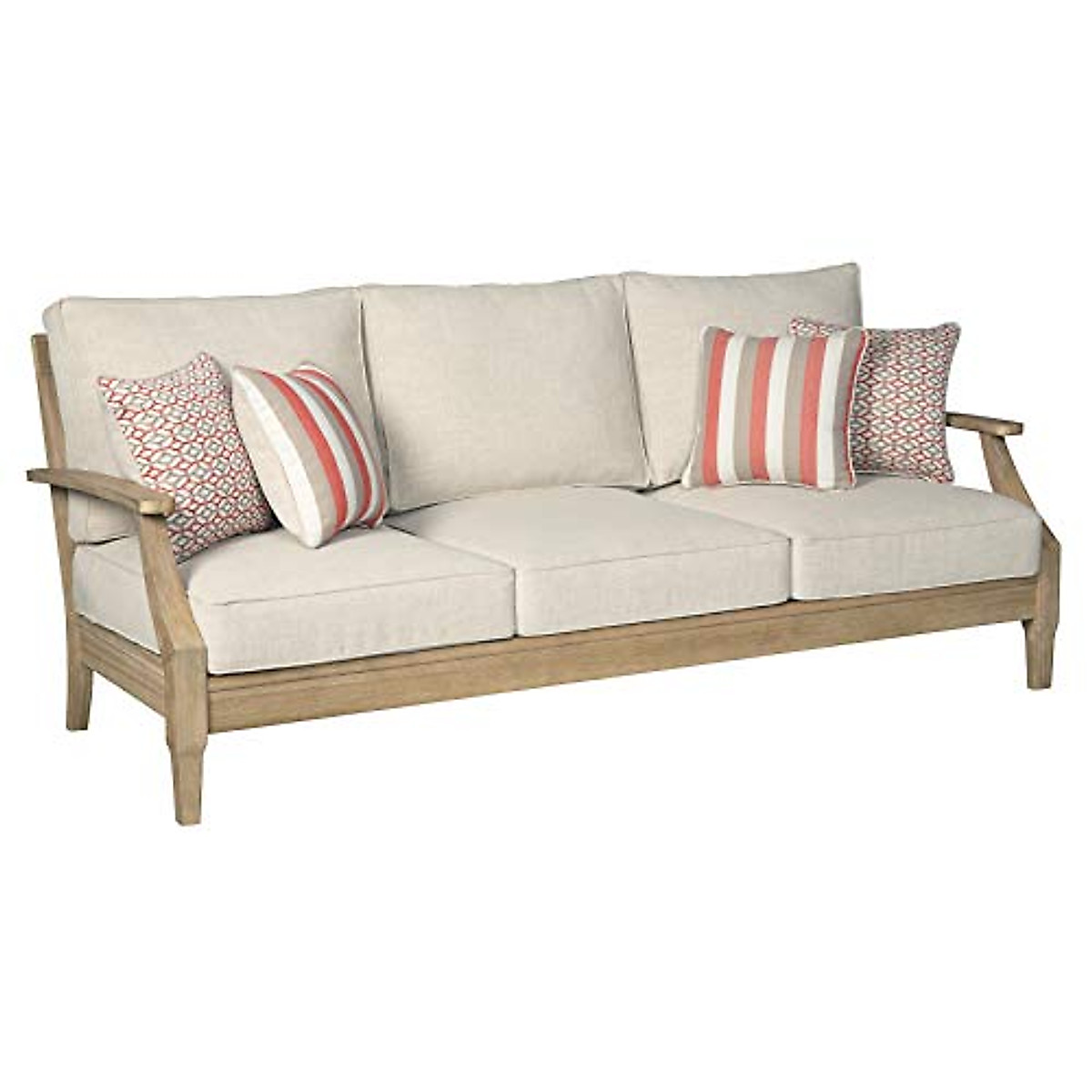 Signature Design by Ashley Clare View Coastal Outdoor Patio Eucalyptus Sofa with Cushions, Beige & Gerianne Outdoor Eucalyptus Patio End Table, Light Brown