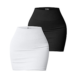 OQQ Women's 2 Piece Basic Versatile Stretchy Ribbed Casual High Waist Mini Skirt, Black White1, Medium