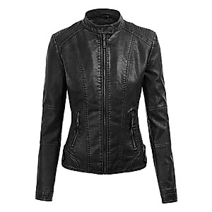 Lock and Love LL WJC1044 Womens Faux Leather Quilted Motorcycle Jacket with Hoodie L BLACK