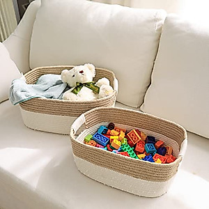 LA JOLIE MUSE Rectangle Storage Baskets Set of 2, Natural Soft Cotton and Jute Rope Baskets for Baby Nursery Kids Toys, Decorative Baskets for Organizing
