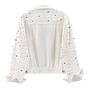 LifeShe Women's Pearls Denim Jacket Cropped Rhinestones Jean Jacket Coat